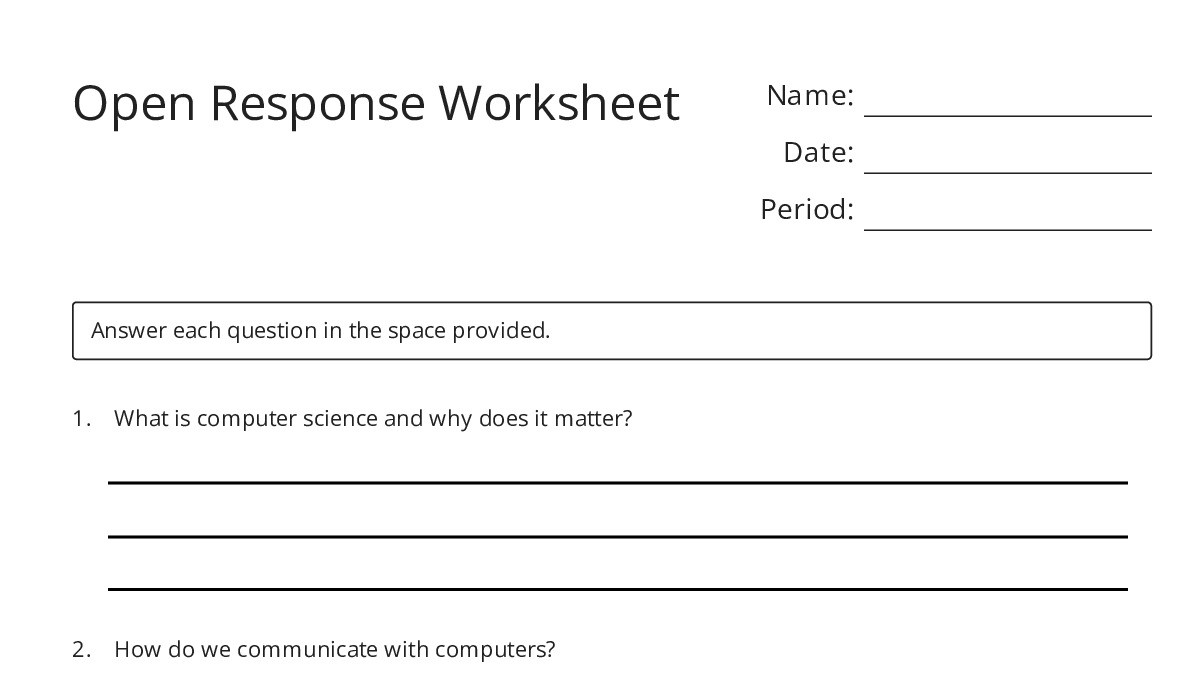 Open Response Worksheet - My Worksheet Maker: Create Your Own Worksheets