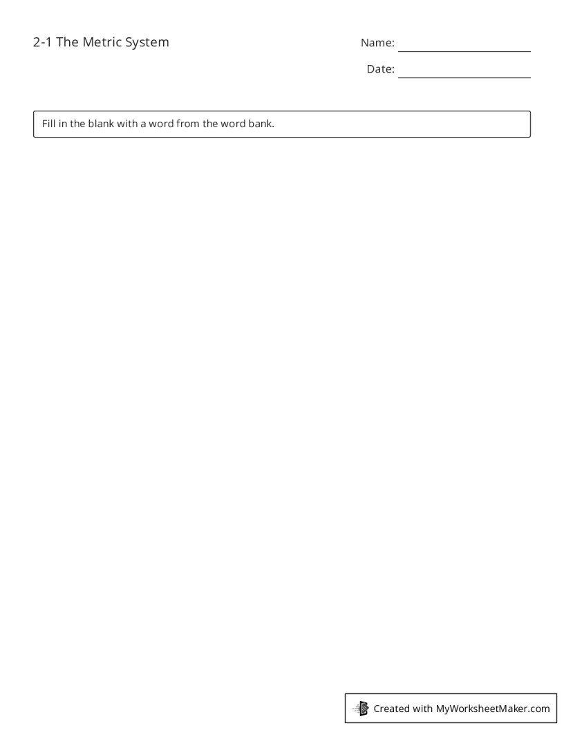 2-1 The Metric System - My Worksheet Maker: Create Your Own Worksheets
