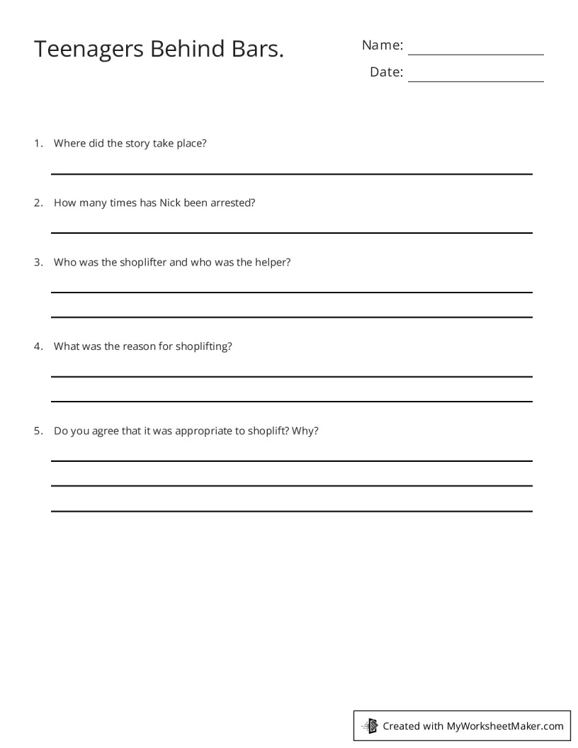 Teenagers Behind Bars. - My Worksheet Maker: Create Your Own Worksheets Teenagers Behind Bars. - My Worksheet Maker: Create Your Own Worksheets