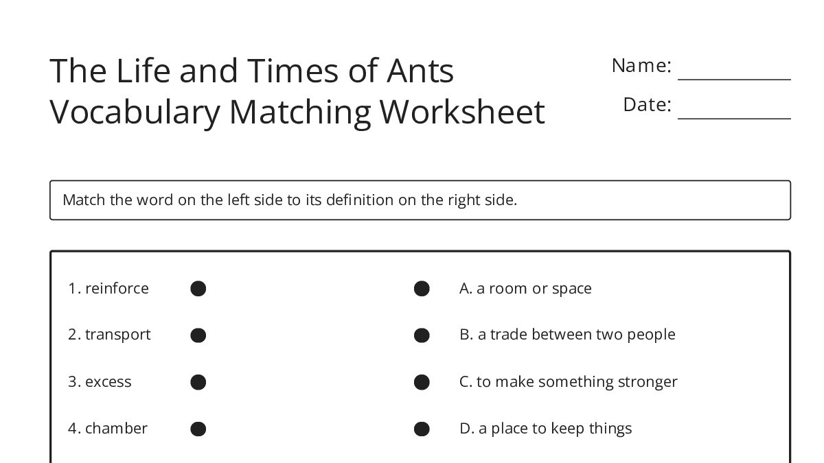 The Life and Times of Ants Vocabulary Matching Worksheet - My Worksheet ...