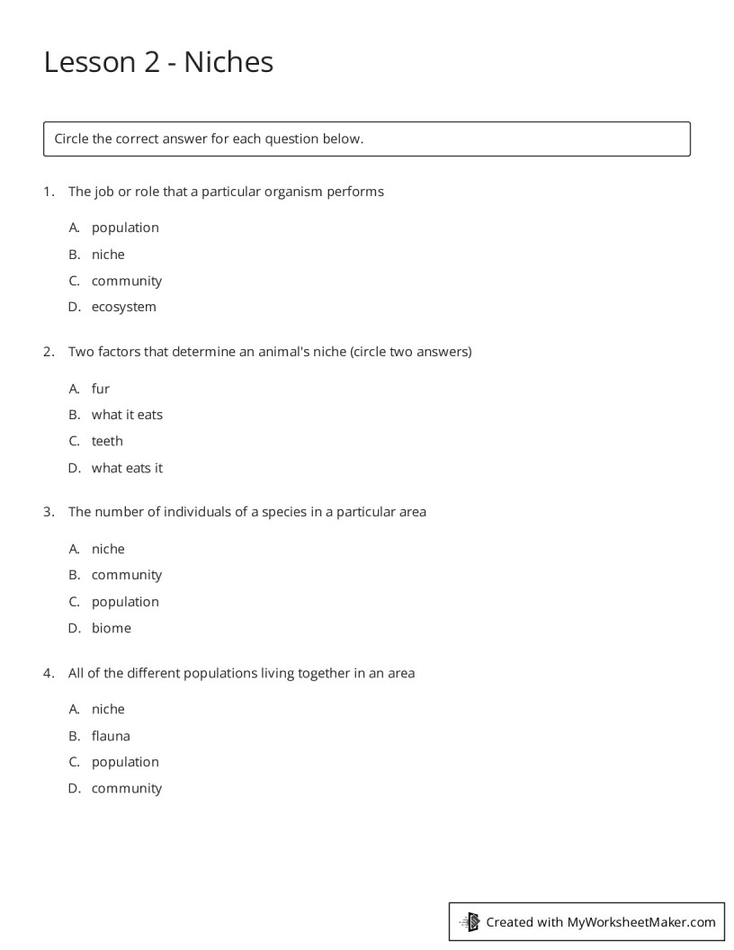Lesson 2 - Niches - My Worksheet Maker: Create Your Own Worksheets