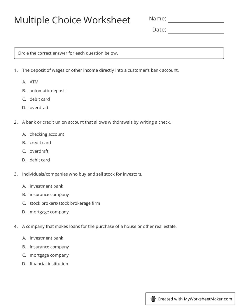 Multiple Choice Worksheet - My Worksheet Maker: Create Your Own Worksheets