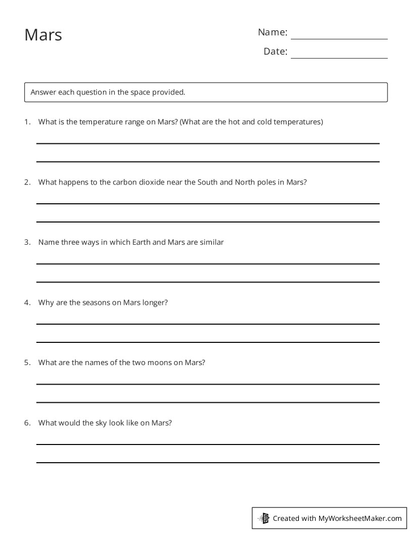 Mars - My Worksheet Maker: Create Your Own Worksheets