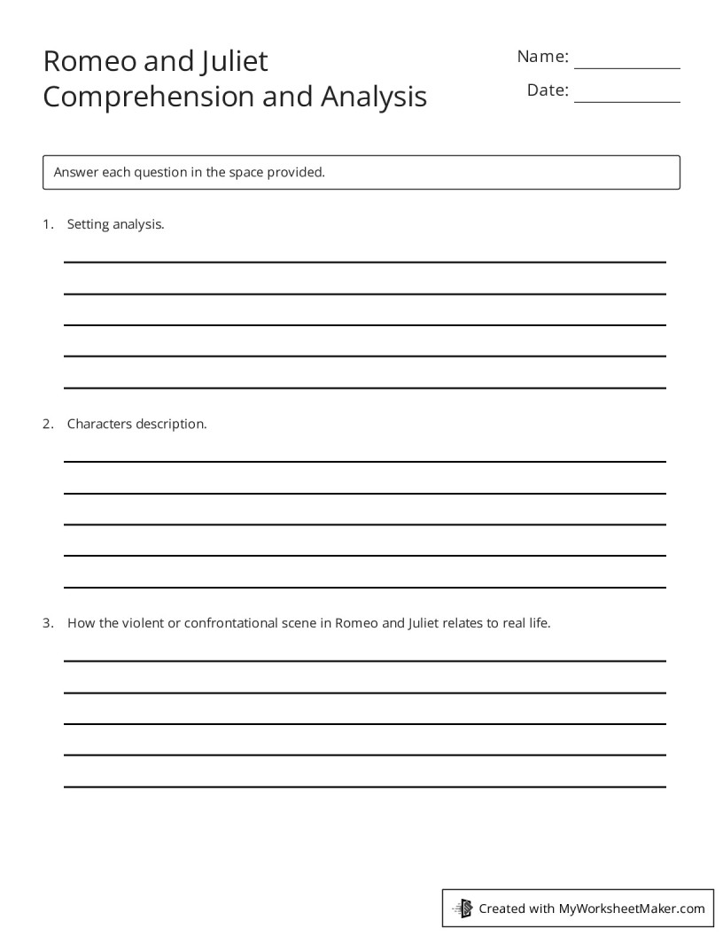 Romeo and Juliet Comprehension and Analysis - My Worksheet Maker ...