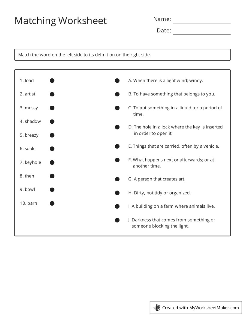 Matching Worksheet - My Worksheet Maker: Create Your Own Worksheets