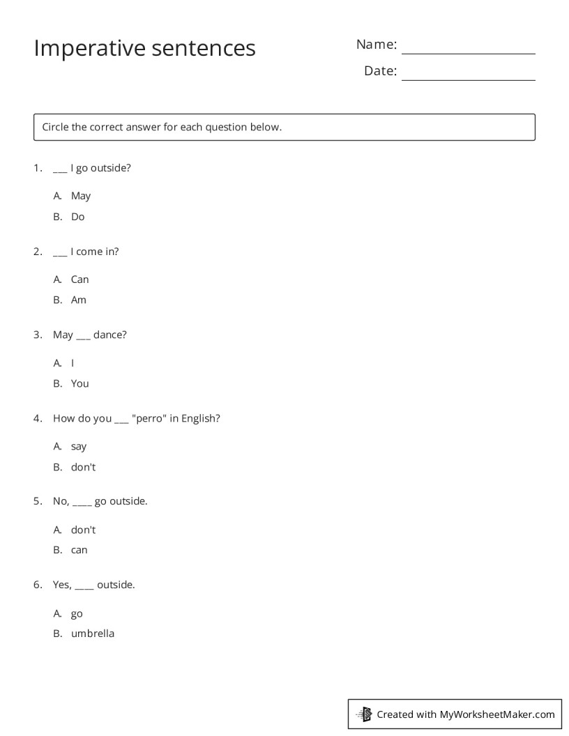 Imperative sentences - My Worksheet Maker: Create Your Own Worksheets