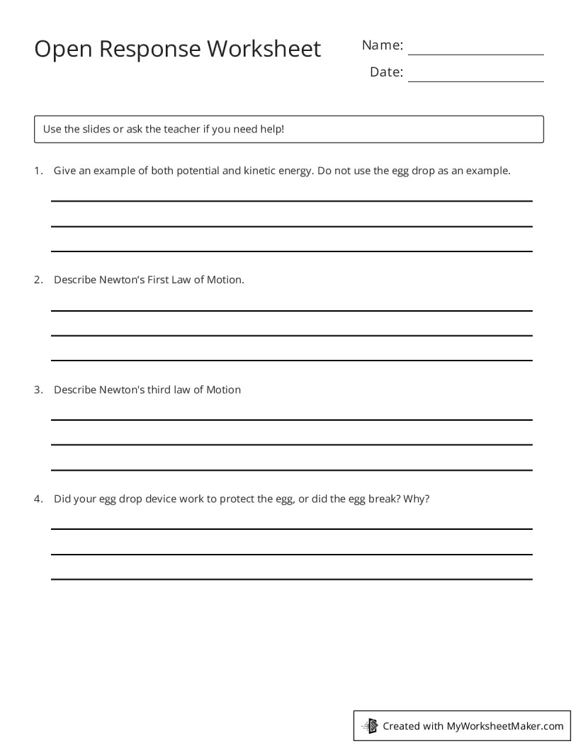 Open Response Worksheet - My Worksheet Maker: Create Your Own Worksheets