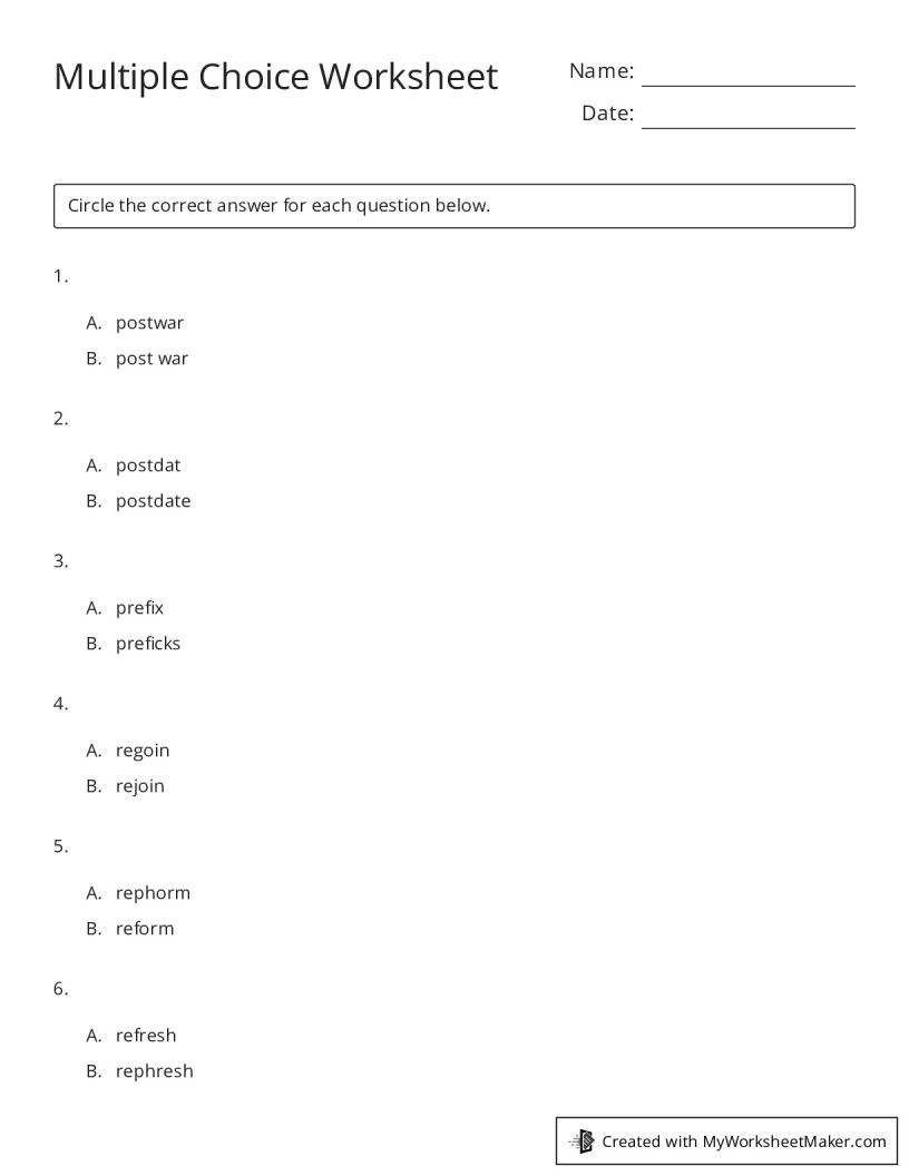 Multiple Choice Worksheet - My Worksheet Maker: Create Your Own Worksheets