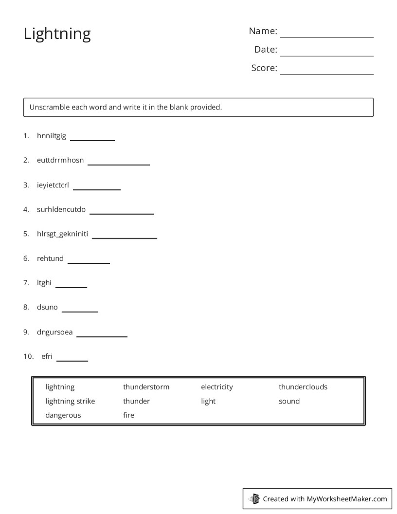 Lightning - My Worksheet Maker: Create Your Own Worksheets