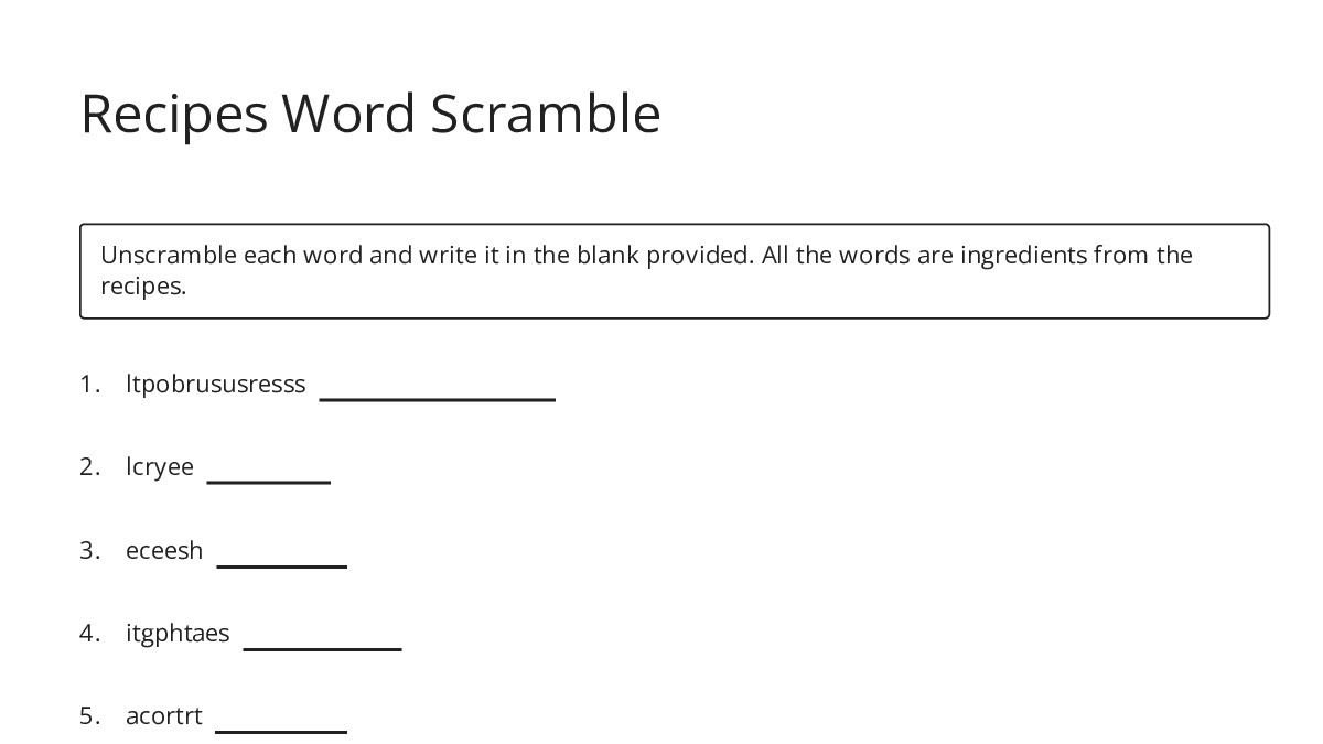 Recipes Word Scramble - My Worksheet Maker: Create Your Own Worksheets