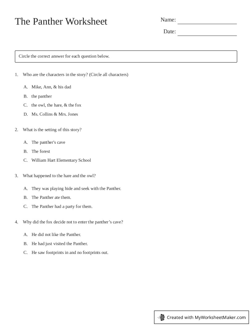 The Panther Worksheet - My Worksheet Maker: Create Your Own Worksheets