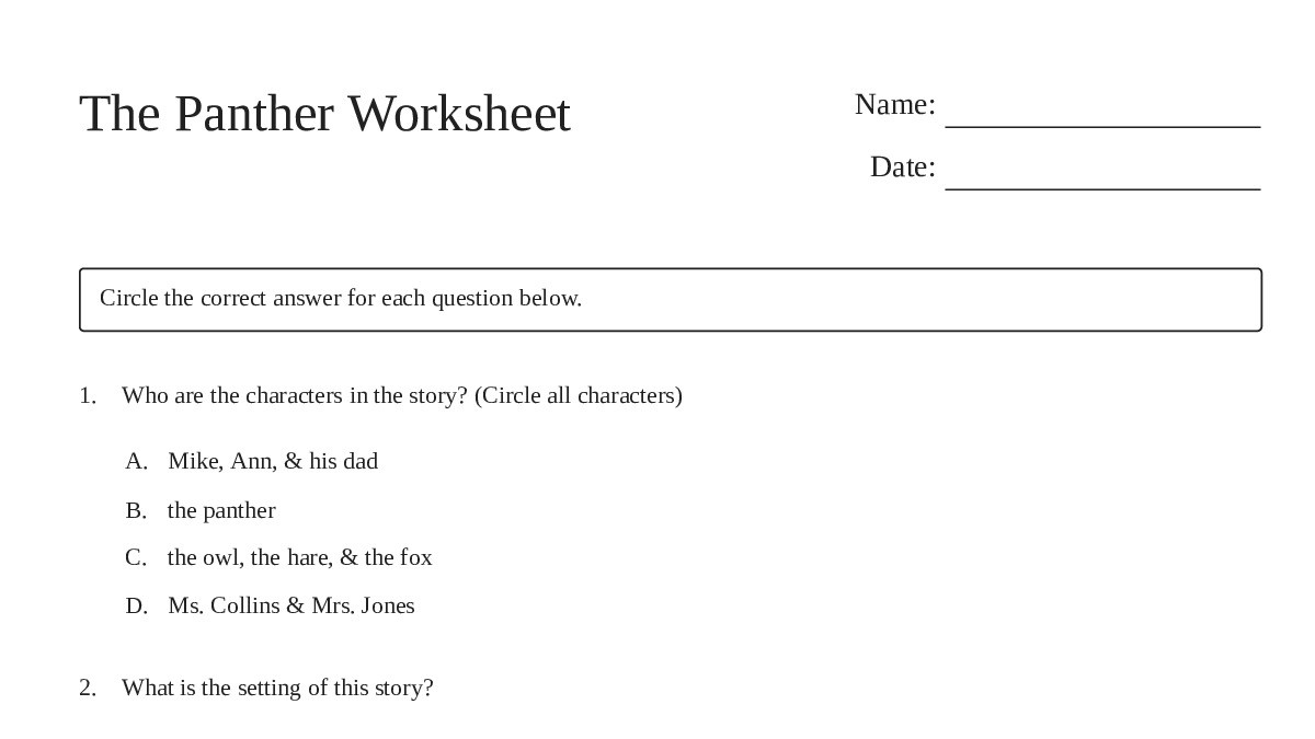 The Panther Worksheet - My Worksheet Maker: Create Your Own Worksheets