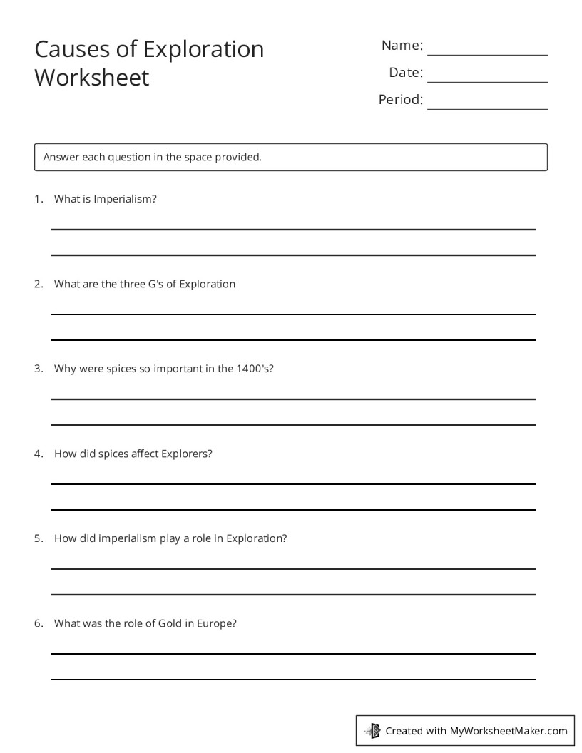 Causes of Exploration Worksheet - My Worksheet Maker: Create Your Own ...