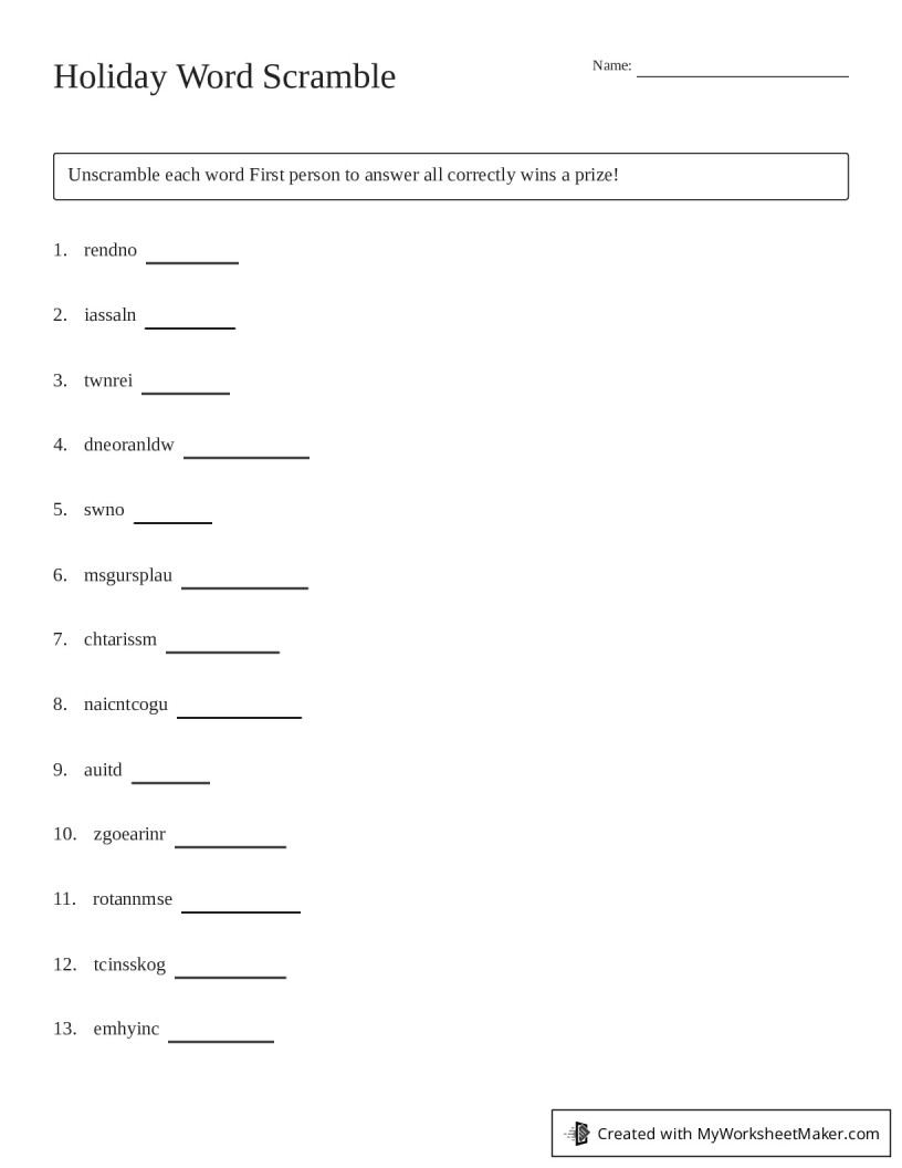 Holiday Word Scramble - My Worksheet Maker: Create Your Own Worksheets
