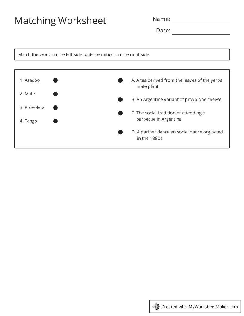 Matching Worksheet - My Worksheet Maker: Create Your Own Worksheets