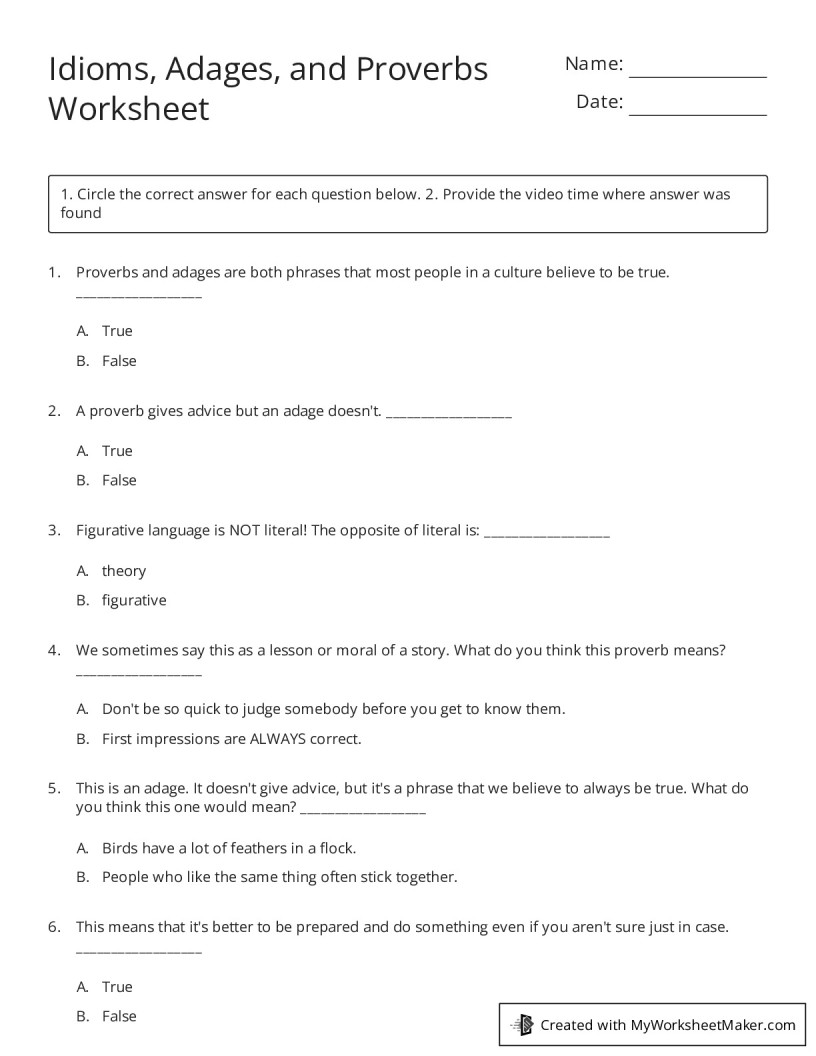 Idioms, Adages, and Proverbs Worksheet - My Worksheet Maker: Create ...