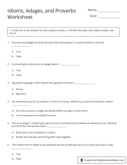 Proverbs Worksheets