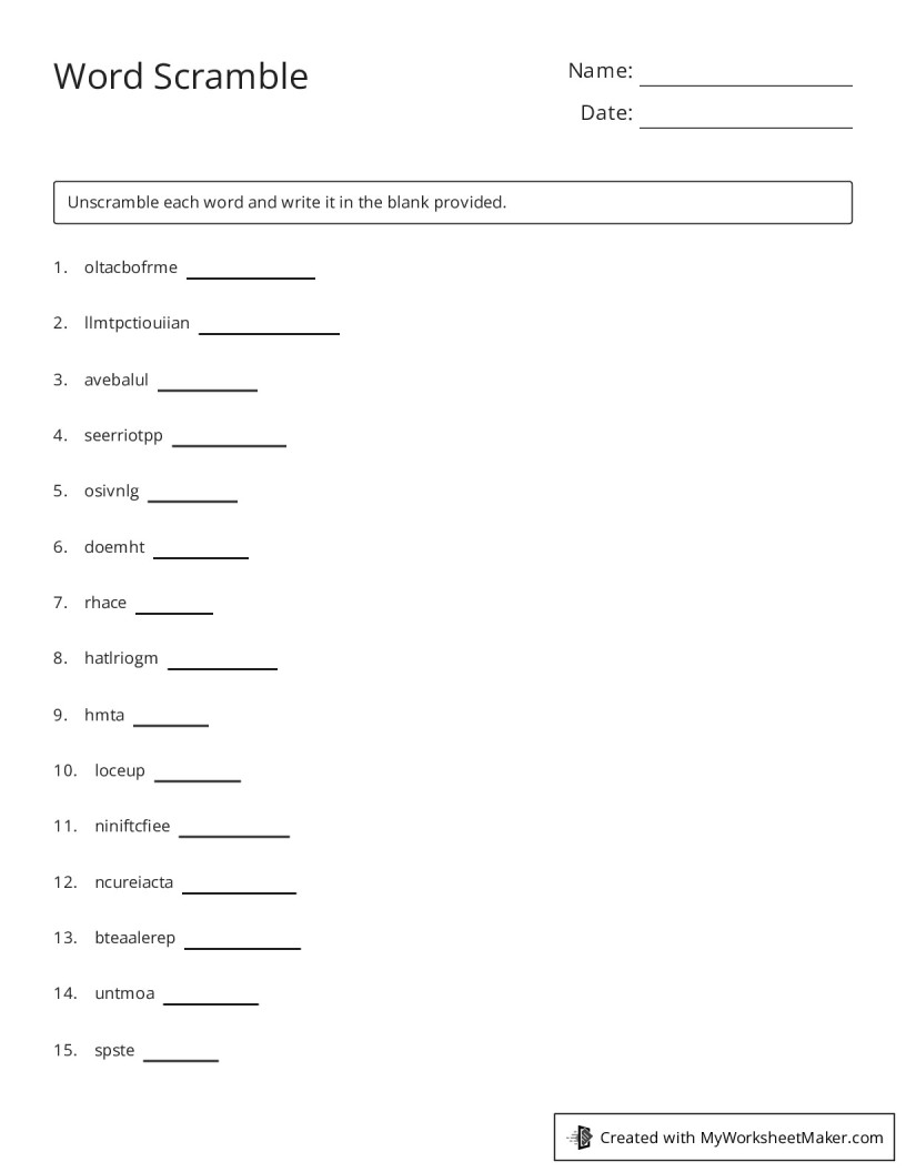 Word Scramble - My Worksheet Maker: Create Your Own Worksheets