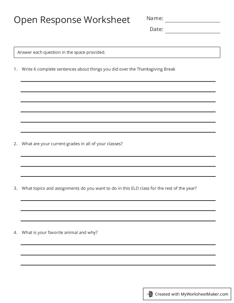 Open Response Worksheet - My Worksheet Maker: Create Your Own Worksheets