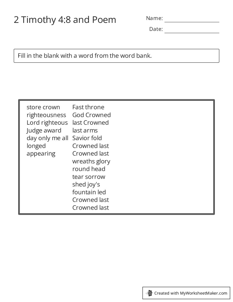 2 Timothy 4:8 and Poem - My Worksheet Maker: Create Your Own Worksheets
