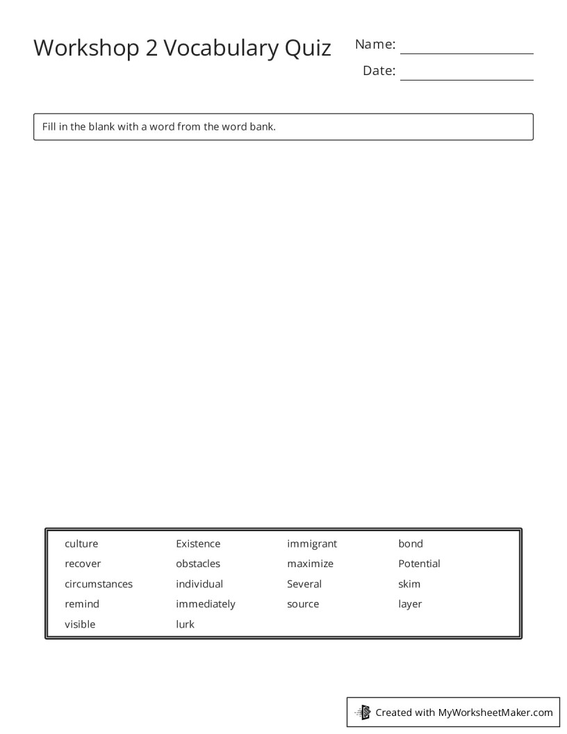 Workshop 2 Vocabulary Quiz - My Worksheet Maker: Create Your Own Worksheets