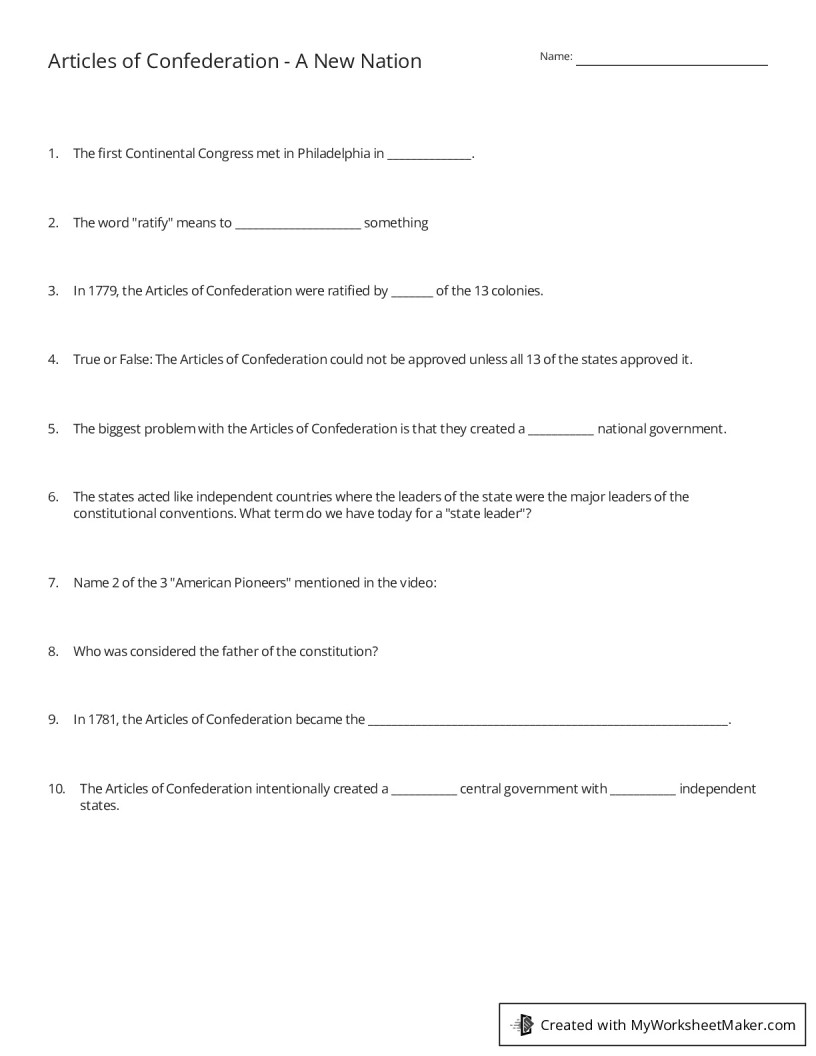 Articles Of Confederation Worksheet