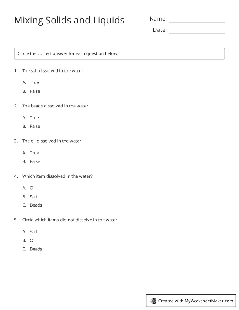 Mixing Solids and Liquids - My Worksheet Maker: Create Your Own Worksheets
