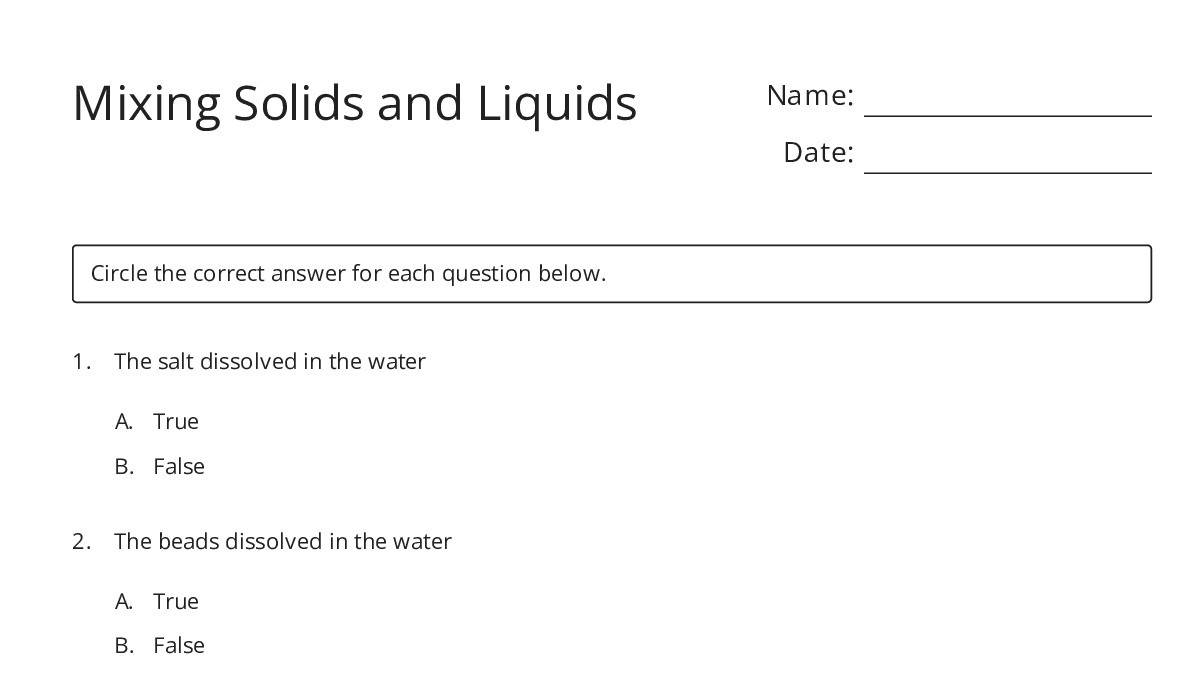 Mixing Solids and Liquids - My Worksheet Maker: Create Your Own Worksheets