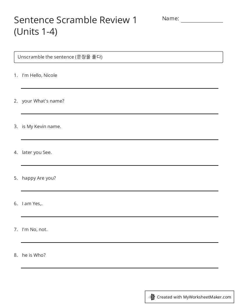 Sentence Scramble Review 1 (Units 1-4) - My Worksheet Maker: Create ...