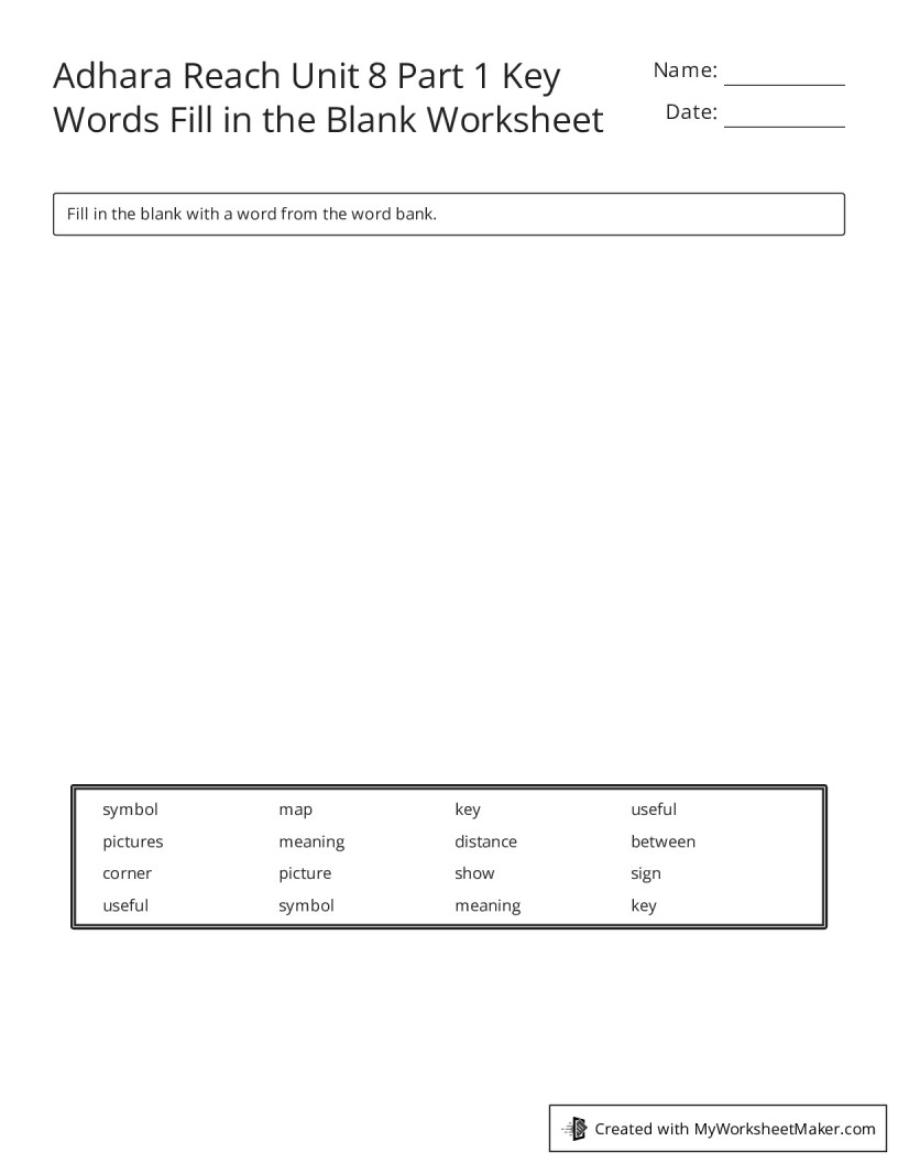 Adhara Reach Unit 8 Part 1 Key Words Fill in the Blank Worksheet - My ...