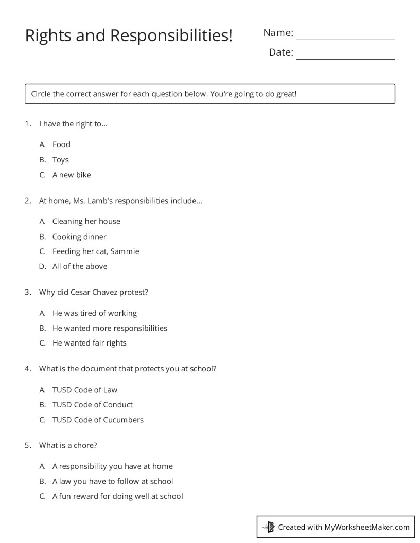 Rights and Responsibilities! - My Worksheet Maker: Create Your Own ...