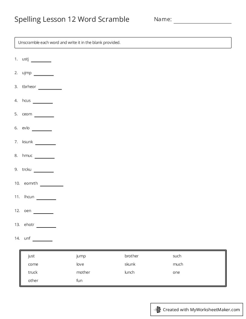 Spelling Lesson 12 Word Scramble - My Worksheet Maker: Create Your Own ...