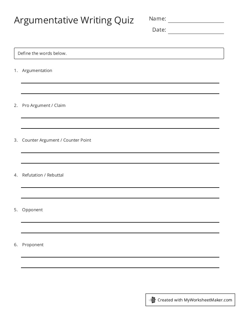 Argumentative Writing Quiz - My Worksheet Maker: Create Your Own Worksheets