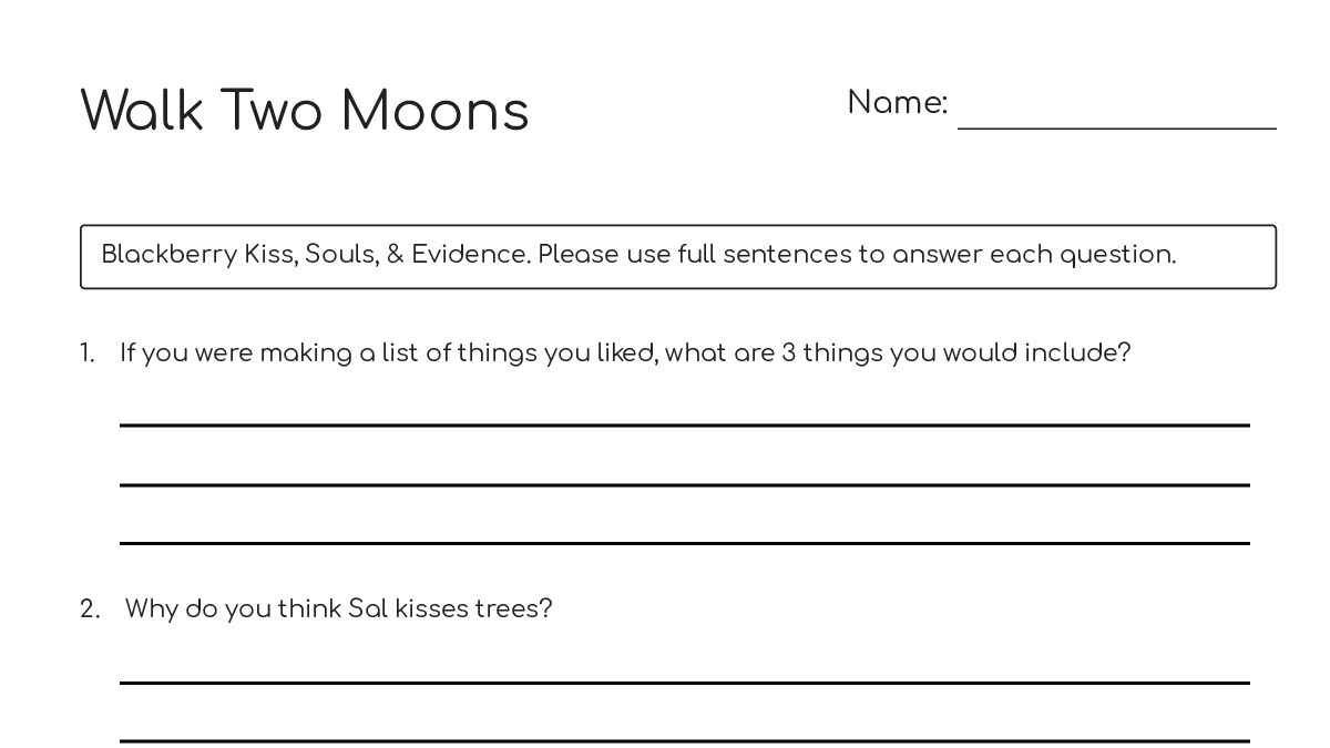 Walk Two Moons - My Worksheet Maker: Create Your Own Worksheets