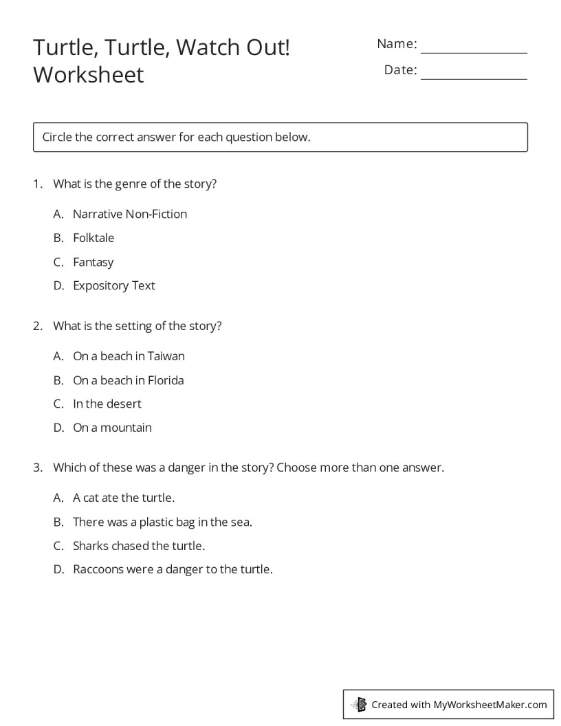 Turtle, Turtle, Watch Out! Worksheet - My Worksheet Maker: Create Your ...