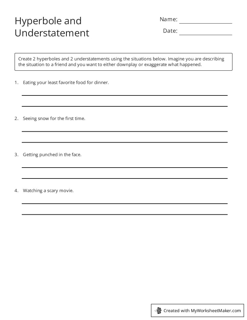 Hyperbole and Understatement - My Worksheet Maker: Create Your Own ...