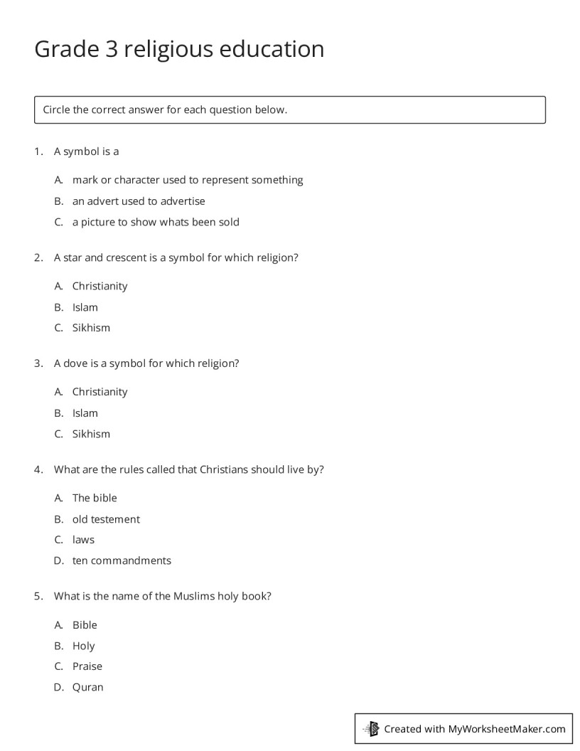 Grade 3 religious education - My Worksheet Maker: Create Your Own ...