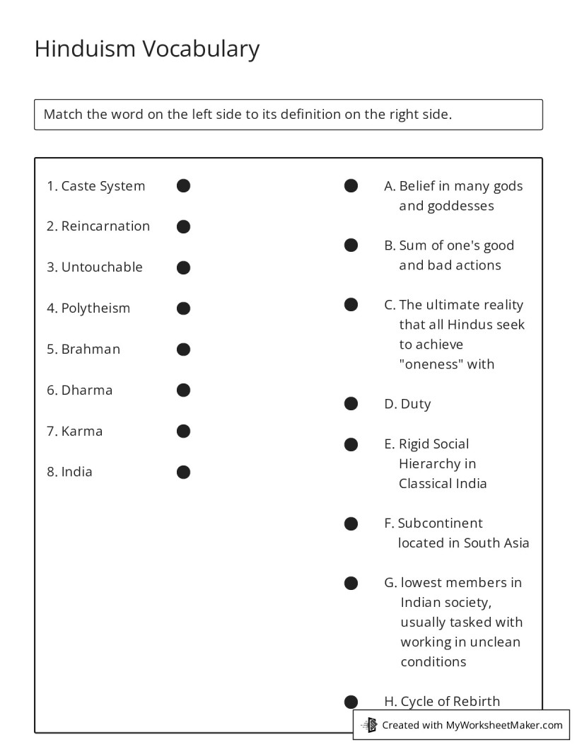 Hinduism Vocabulary - My Worksheet Maker: Create Your Own Worksheets