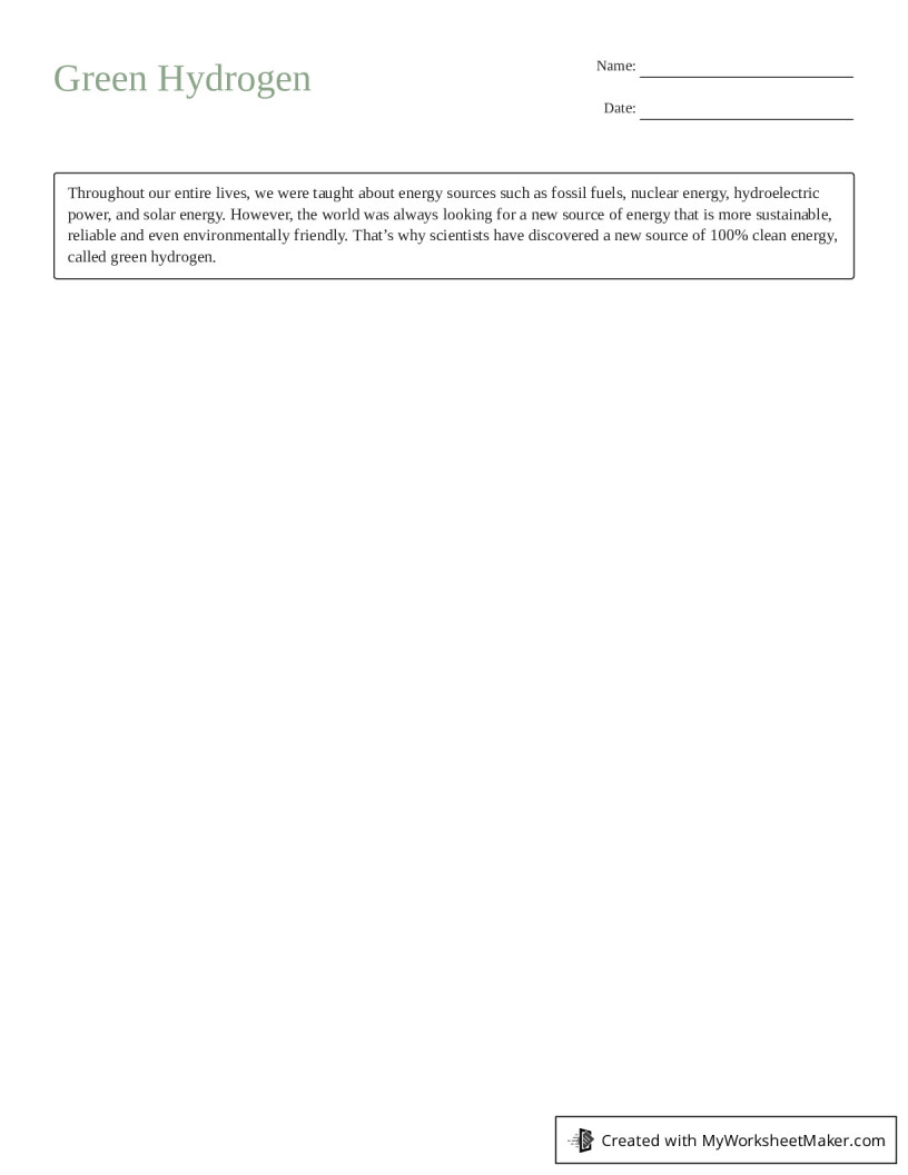 Green Hydrogen - My Worksheet Maker: Create Your Own Worksheets