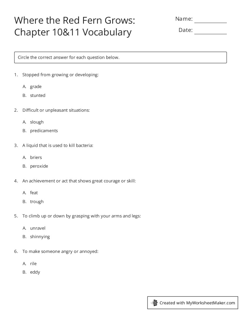Where the Red Fern Grows: Chapter 10&11 Vocabulary - My Worksheet Maker ...