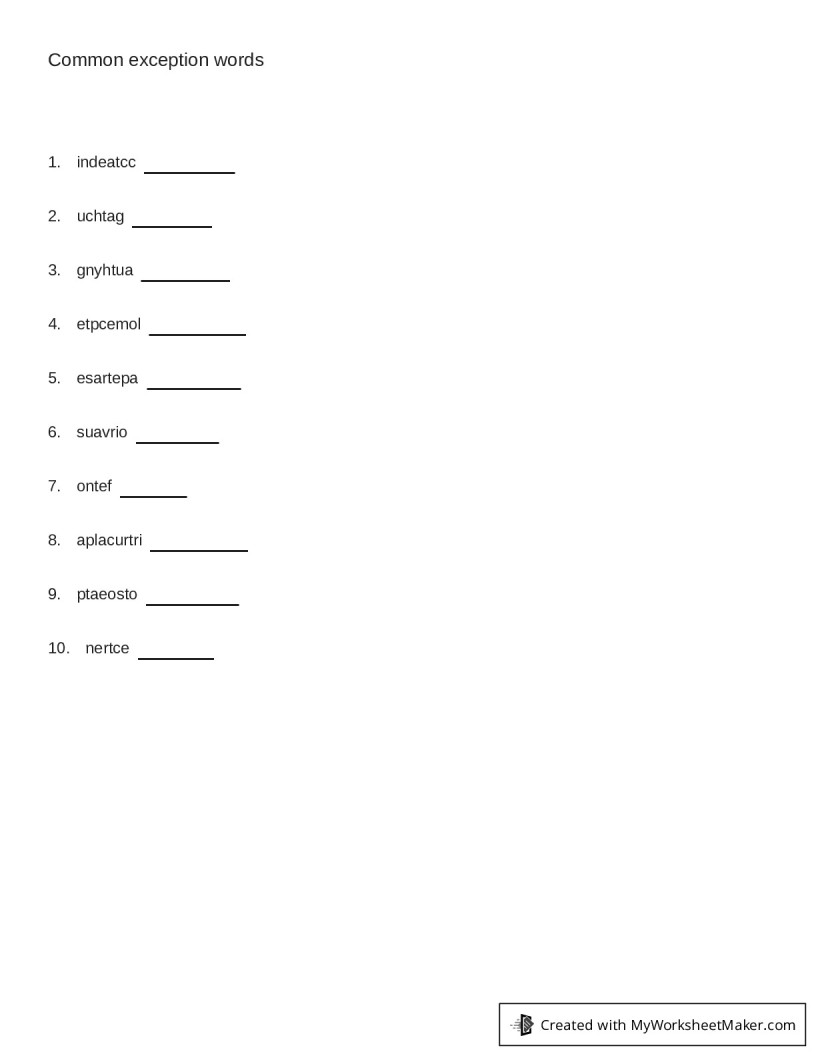 Common exception words - My Worksheet Maker: Create Your Own Worksheets