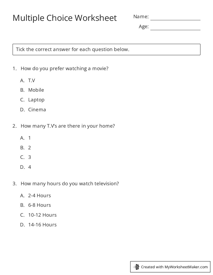 Multiple Choice Worksheet - My Worksheet Maker: Create Your Own Worksheets