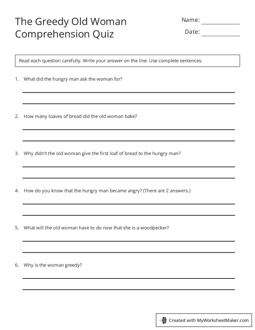 The Greedy Old Woman Comprehension Quiz - My Worksheet Maker: Create ...