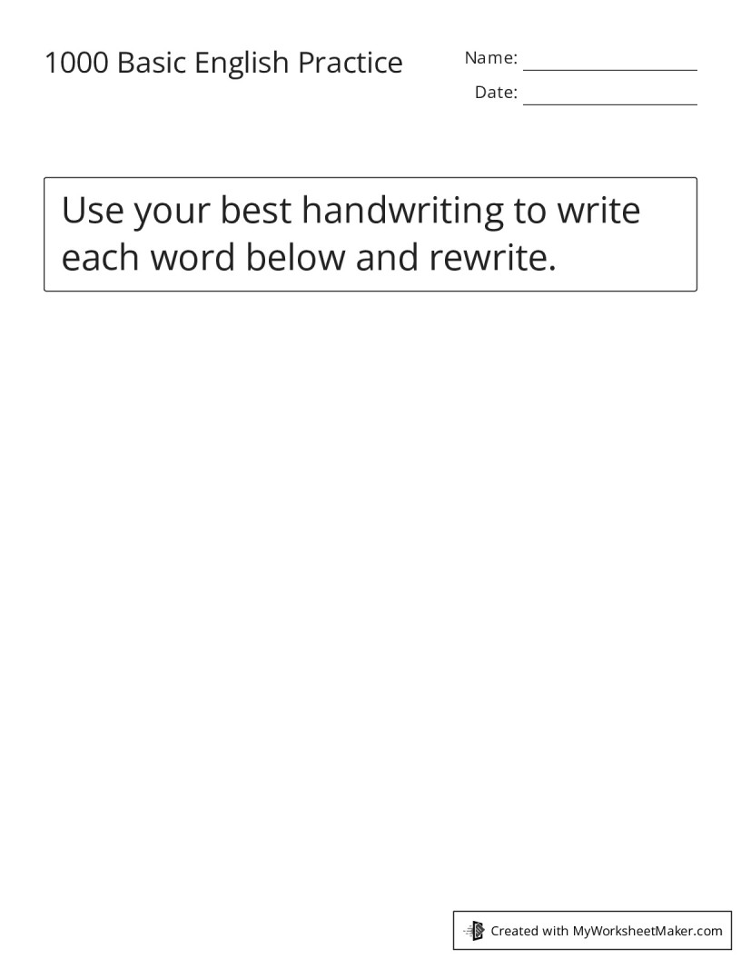 1000 Basic English Practice - My Worksheet Maker: Create Your Own ...