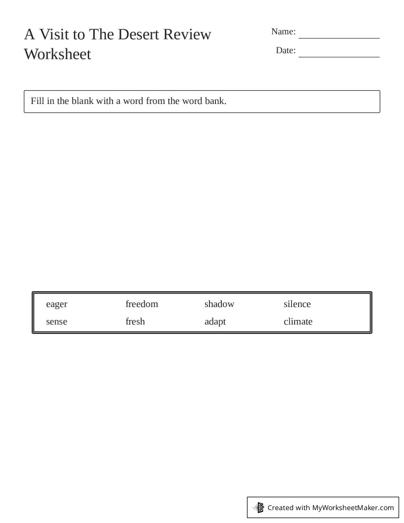 A Visit to The Desert Review Worksheet - My Worksheet Maker: Create ...