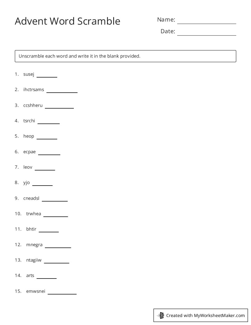 Advent Word Scramble - My Worksheet Maker: Create Your Own Worksheets