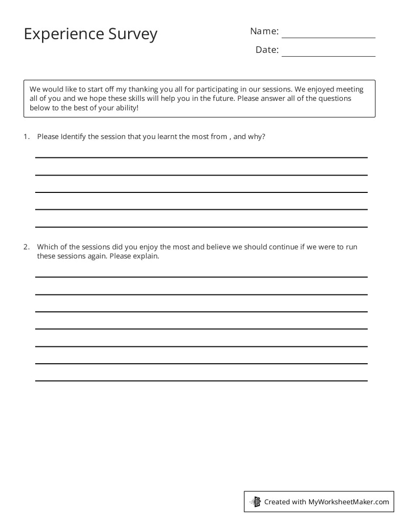 Experience Survey - My Worksheet Maker: Create Your Own Worksheets