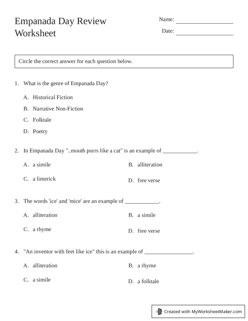 Empanada Day Review Worksheet - My Worksheet Maker: Create Your Own ...