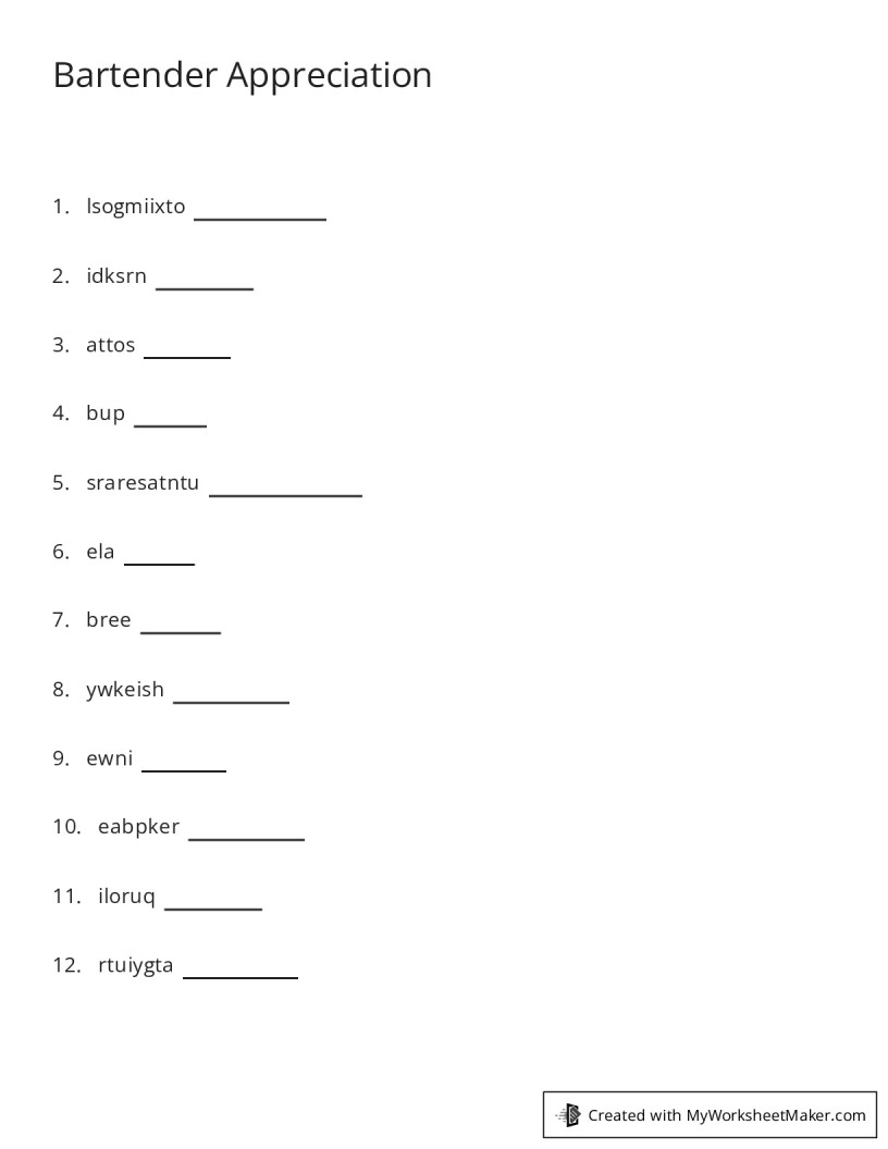 Bartender Appreciation - My Worksheet Maker: Create Your Own Worksheets