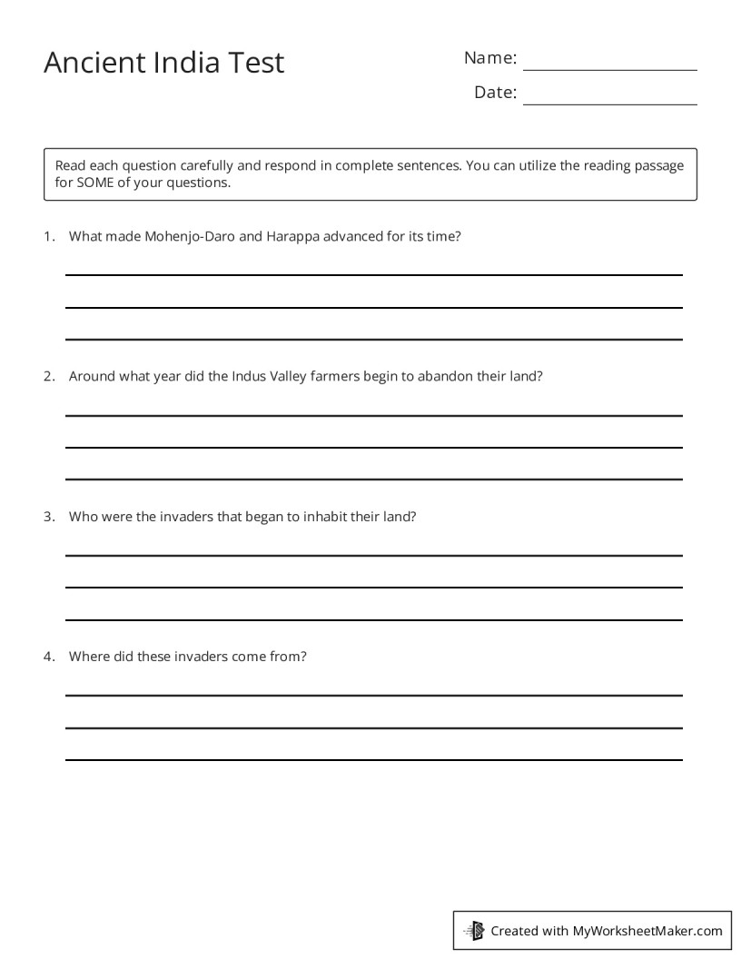 Ancient India Test - My Worksheet Maker: Create Your Own Worksheets